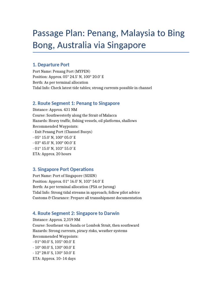 Passage Plan Penang To Bing Bong Via Singapore | PDF