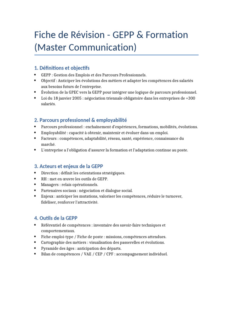 GEPP et Formation : Guide de Révision | PDF | Économie | Business