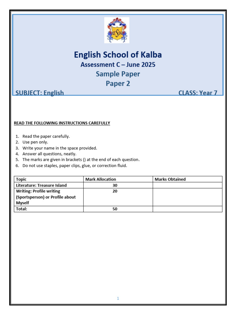 Sample Paper Paper 2 Y7 English..... | PDF | Treasure Island