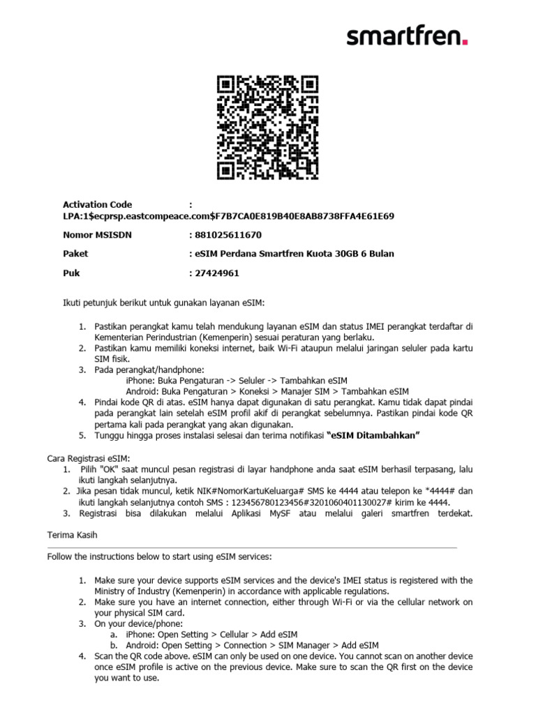 Smartfren eSIM Activation Guide | PDF | Mobile Telecommunications ...