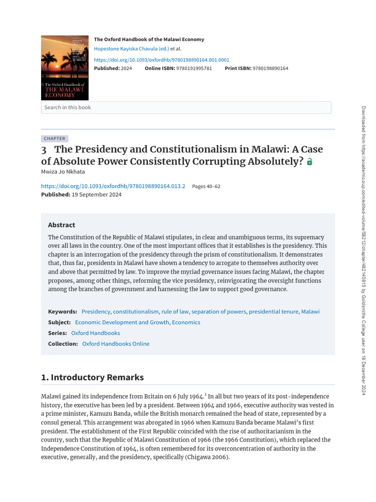 Malawi Presidency and Constitutionalism 2024 | PDF | Malawi | Government