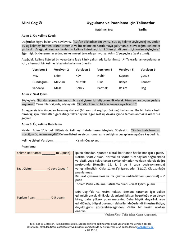 TURKISH Standardized Mini Cog in Turkish | PDF