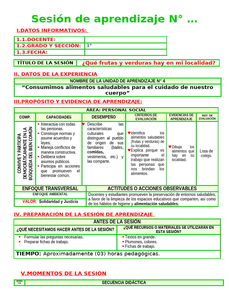 Sesión Què Frutas y Verduras Hay en Mi Localidad Maestra Janet | PDF | Aprendizaje | Vegetales