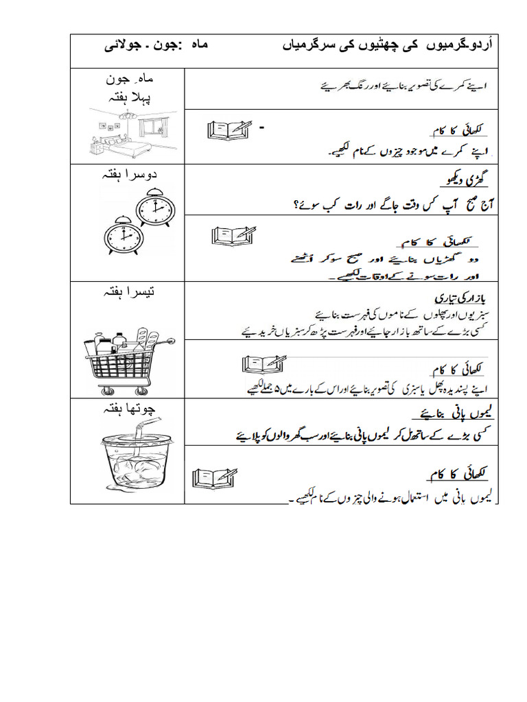 Urdu Summer Vacation H.W Grade - I (2024-25) | PDF