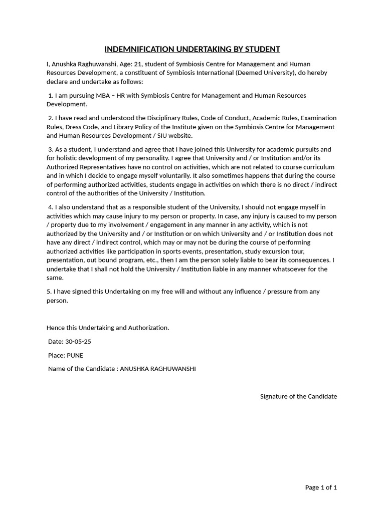 Indemnification Undertaking by Student | PDF