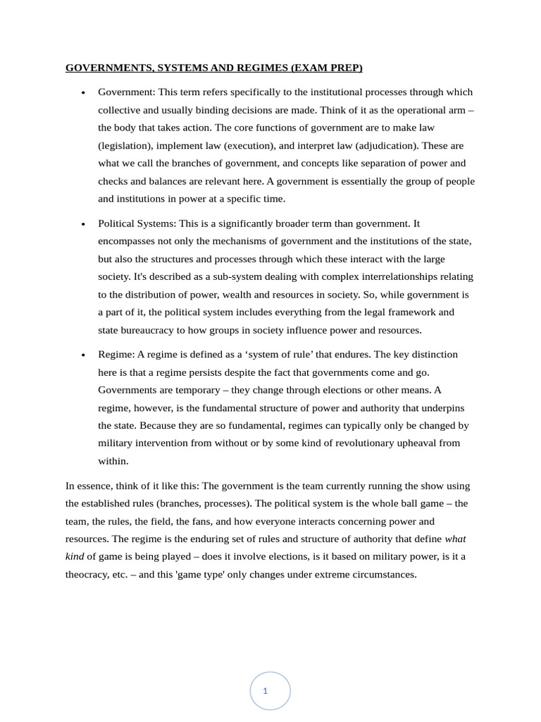 Governments, Systems and Regimes (Exam Prep) | PDF | Democratization ...