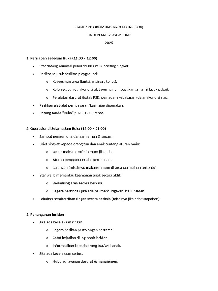 SOP Operasional Playground Kinderlane | PDF