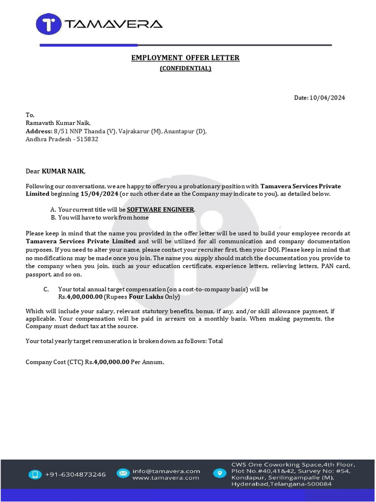 Tamavera Services PVT - LTD Offer Letter - Ramavath Kumar Naik | PDF ...