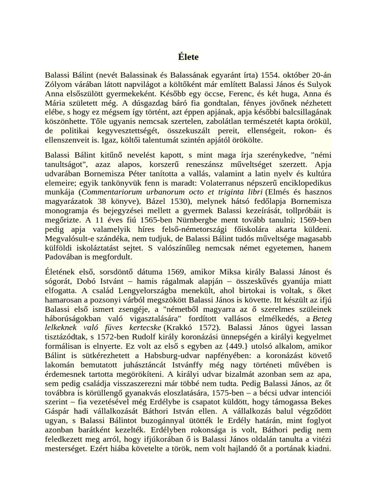 Balassi Élete Kiegészítés | PDF