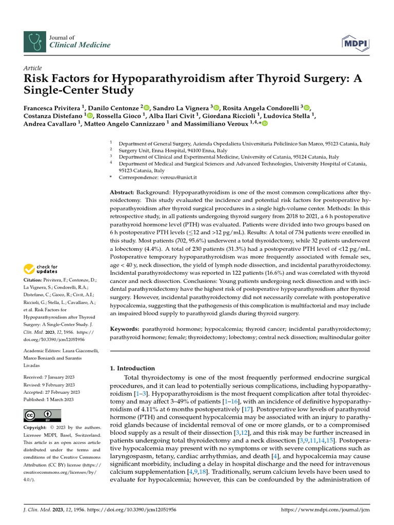 Risk Factors For Hypoparathyroidism After Thyroid Surgery A | PDF | Confidence Interval ...