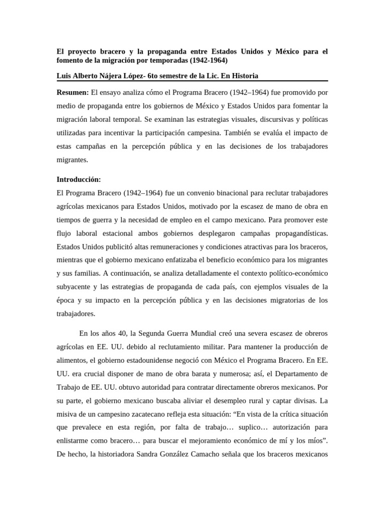 Ensayo Extendido Programa Bracero | PDF | Migración humana | Propaganda