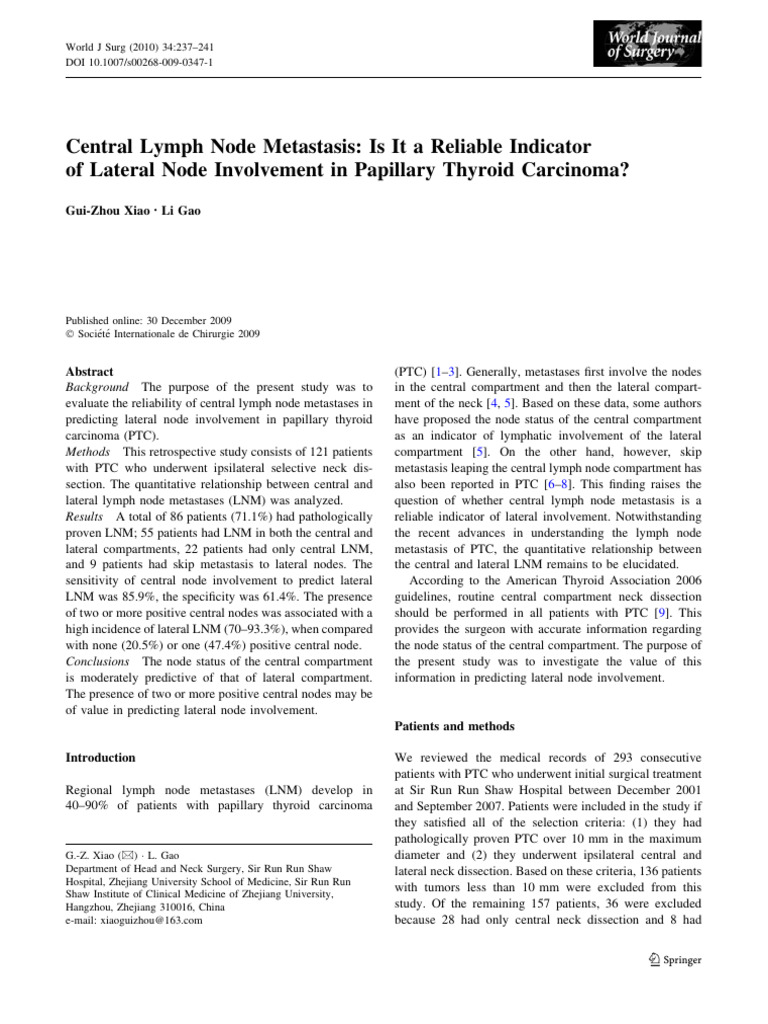 Central Lymph Node Metastasis Is It A Reliable Indicator of Lateral ...