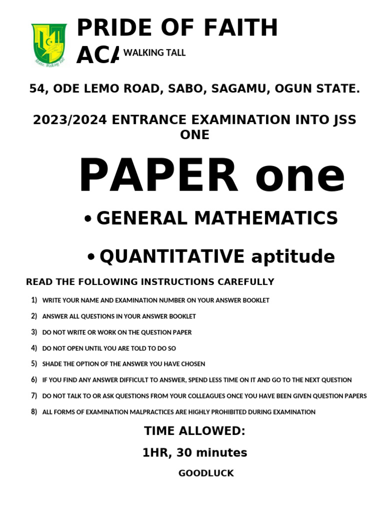 PFA Exam Questions for JSS1 Entrance | PDF | Nigeria | Prophets And ...