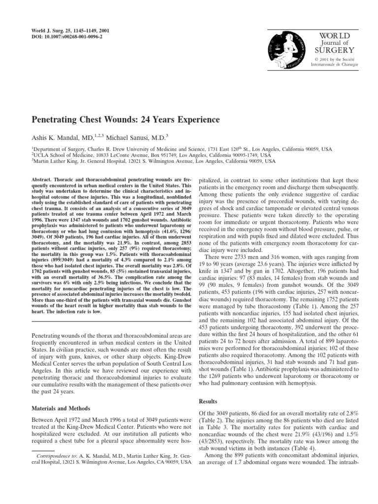Penetrating Chest Wounds: 24-Year Study | PDF | Thorax | Medical ...