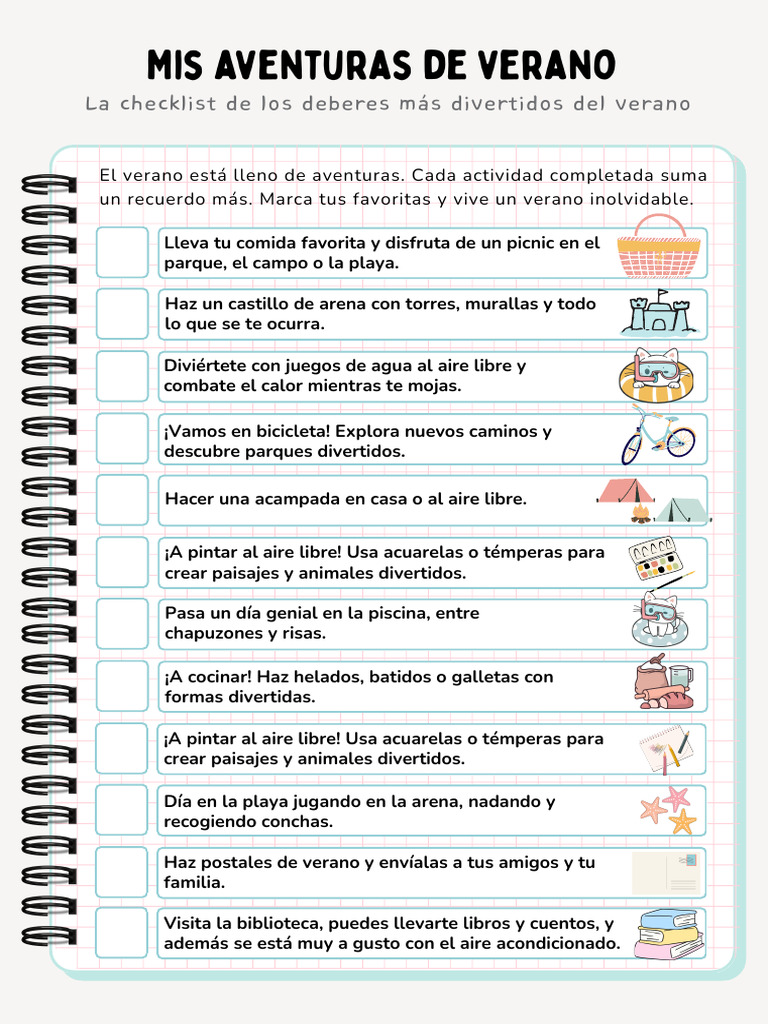 Ficha de Ejercicios Educativa de Listado de Deberes Divertidos de Verano Ilustrativa Colorida | PDF