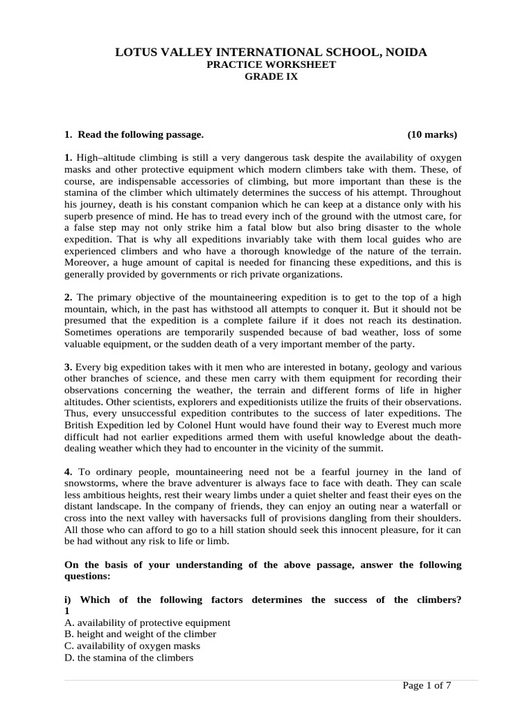 Comprehension and Igp Worksheet Grade 9 | PDF | Mountaineering | Stress ...