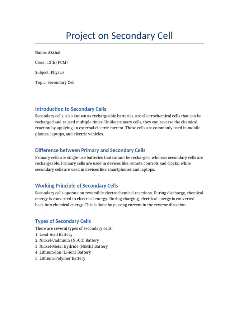 Secondary Cell Project Akshat | PDF | Rechargeable Battery | Lithium ...