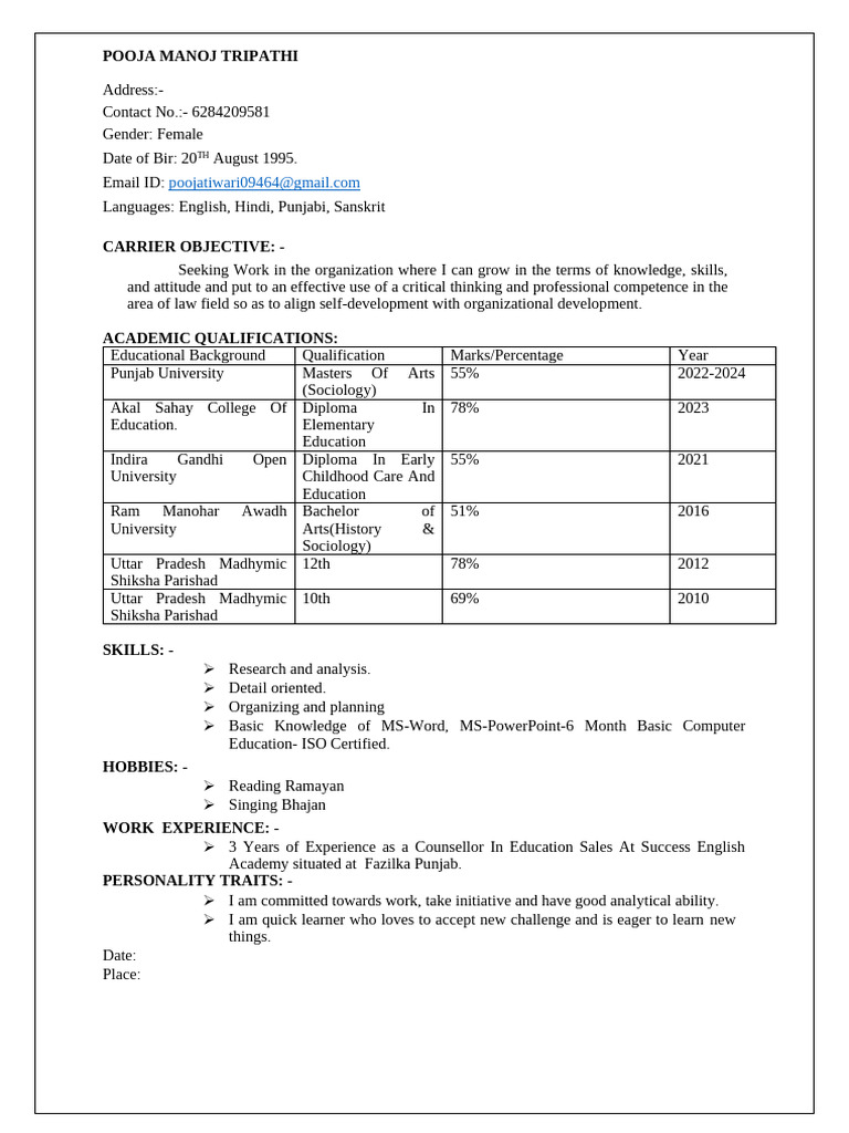 Pooja Manoj Tripathi Resume | PDF