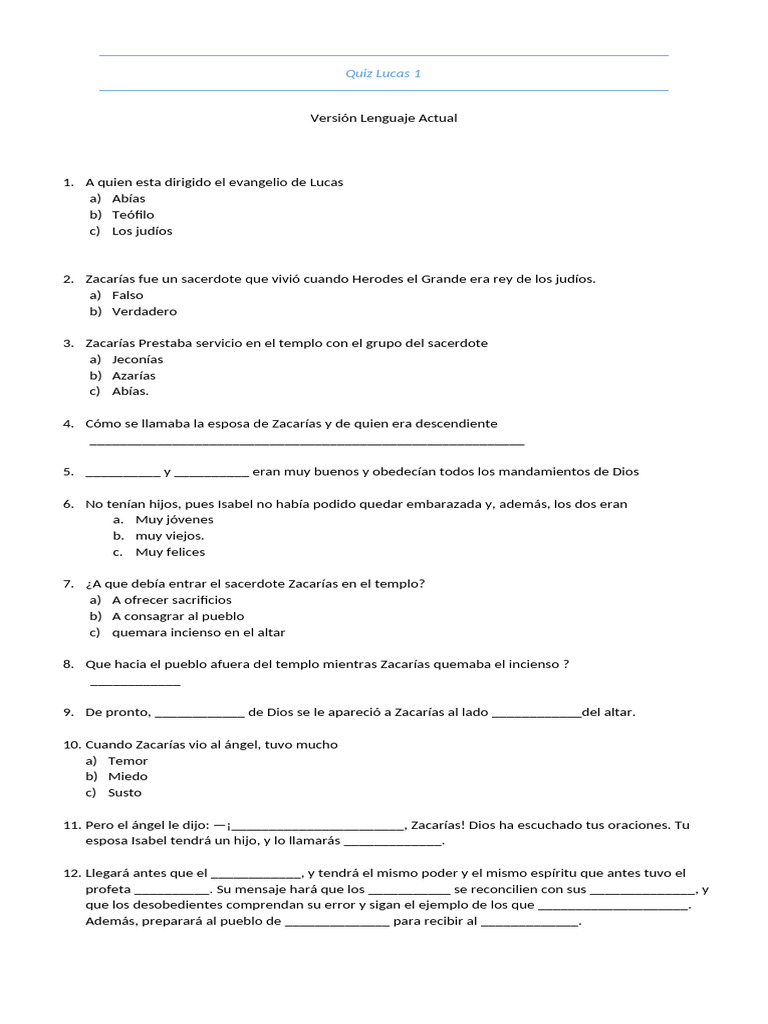 Quiz Lucas 1 | PDF | María, madre de Jesús | Contenido del Nuevo Testamento