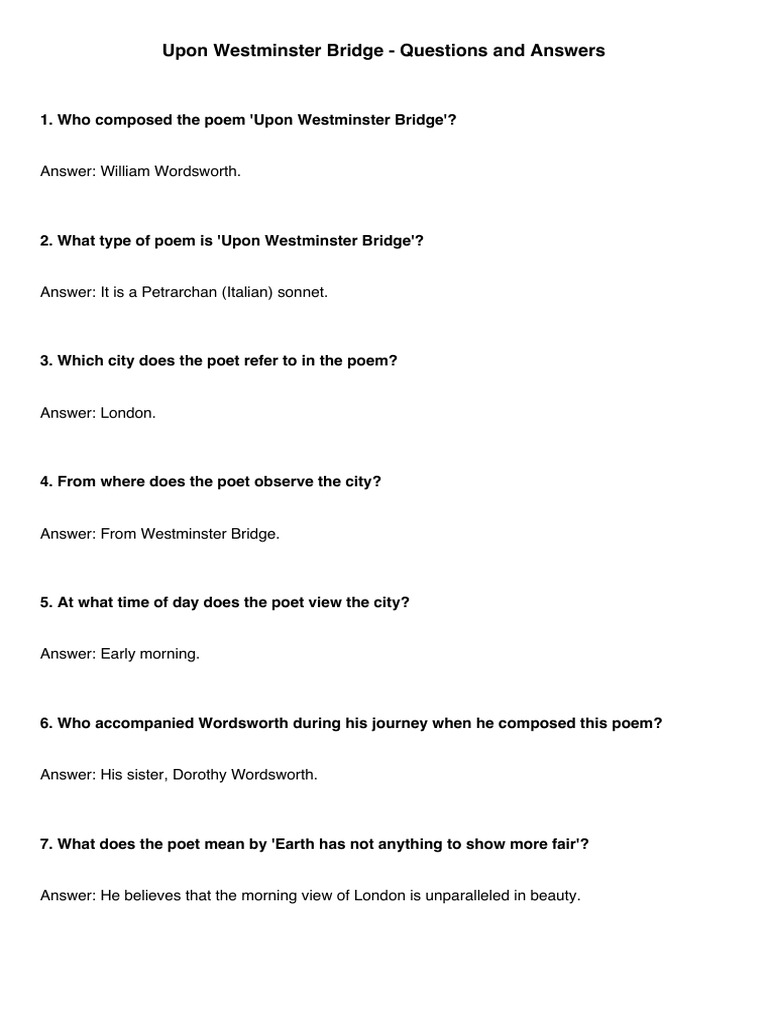 Westminster Bridge Poem Q&A Guide | PDF