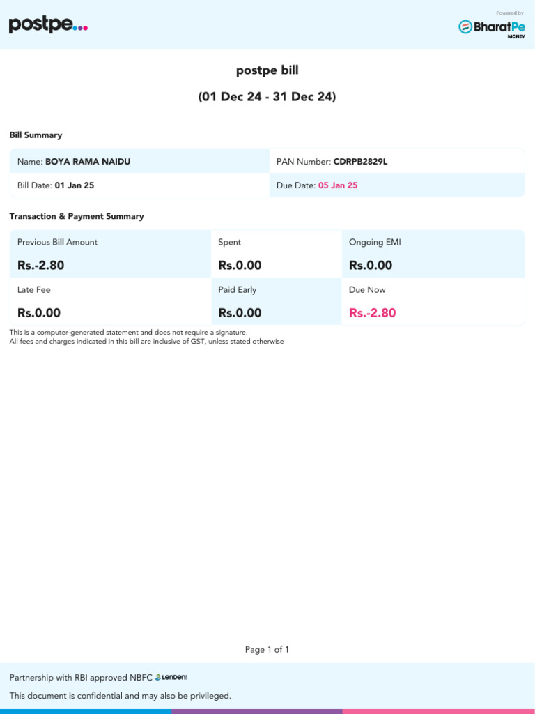 Postpe Bill (01 Dec 24 - 31 Dec 24) | PDF