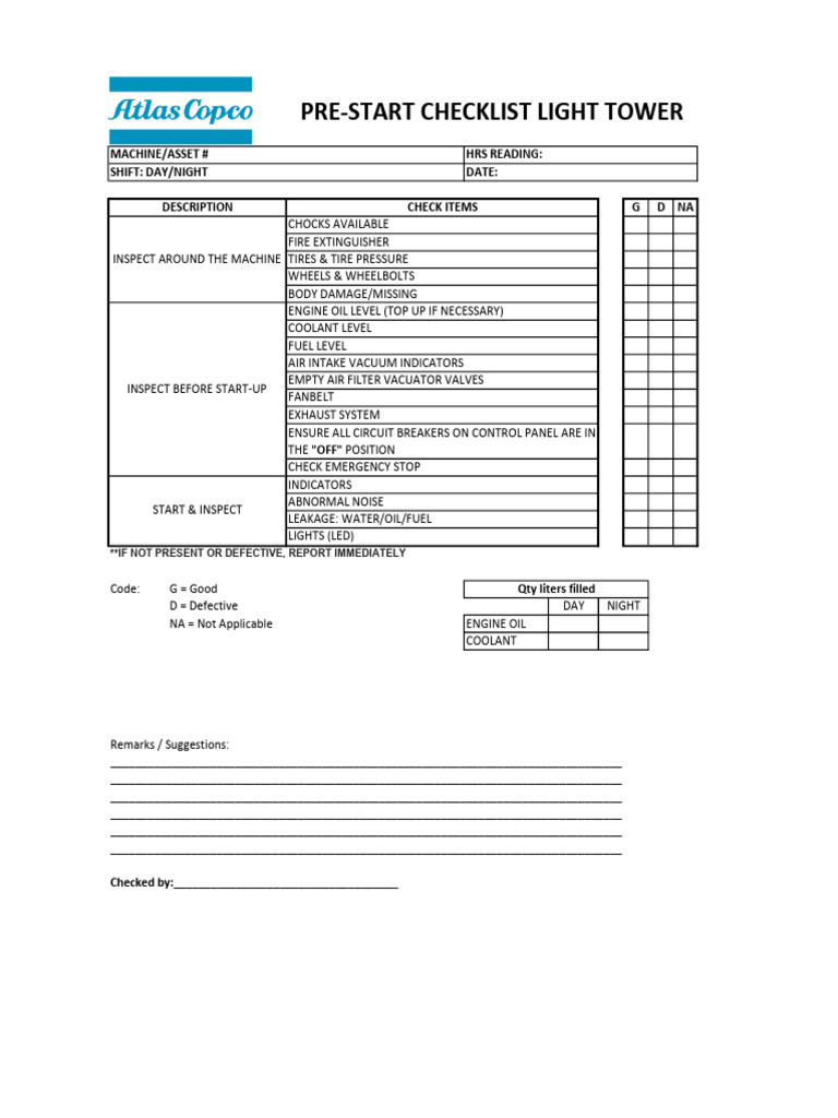 Atlas Copco Light Tower Checklist | PDF