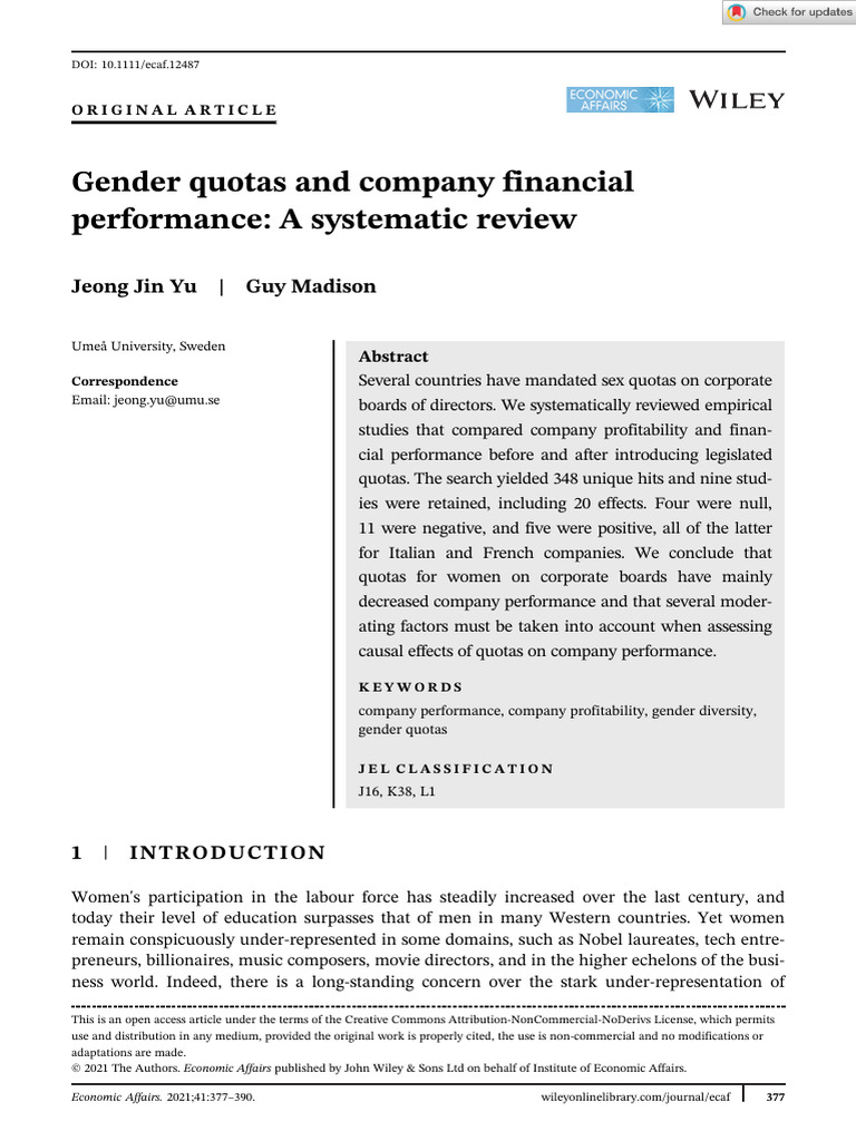 Gender Quotas and Company Financial Performance: A Systematic Review ...
