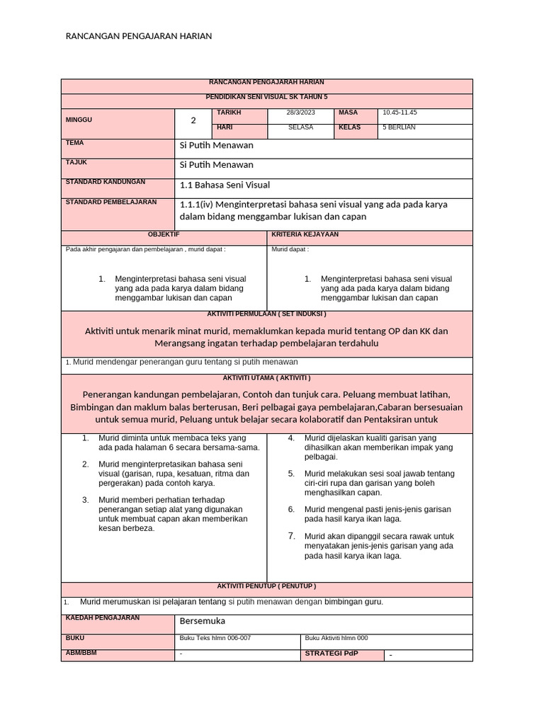 RPH Minggu 1 PSV THN 5 by Cikgu Gorgeous | PDF