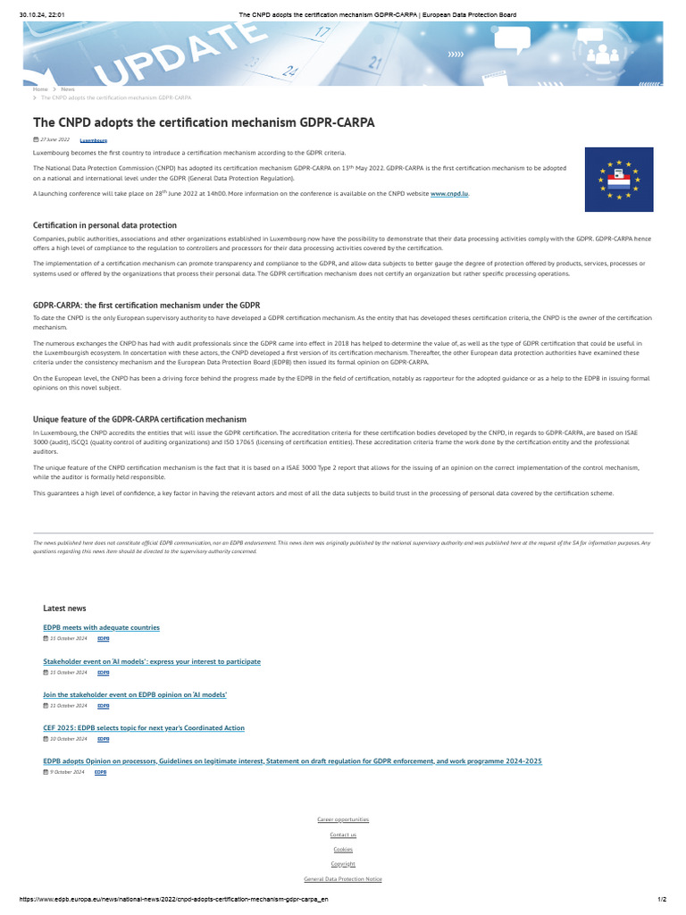 The CNPD Adopts The Certification Mechanism GDPR-CARPA | PDF | Audit | Certification