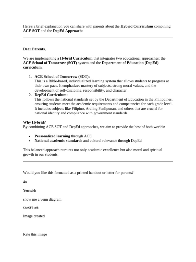 Hybrid Curriculum - ACE SOT + K To 12 Curriculum | PDF | Curriculum ...