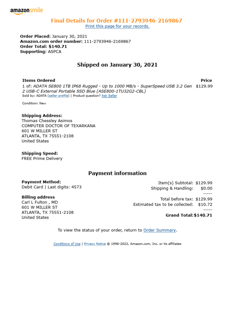 Amazon Order Summary for SSD Purchase | PDF