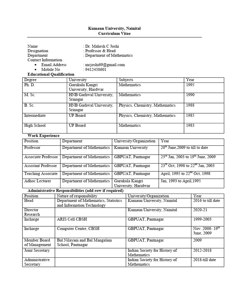 Dr. Mahesh C. Joshi's CV | PDF | Mathematical Analysis | Mathematics