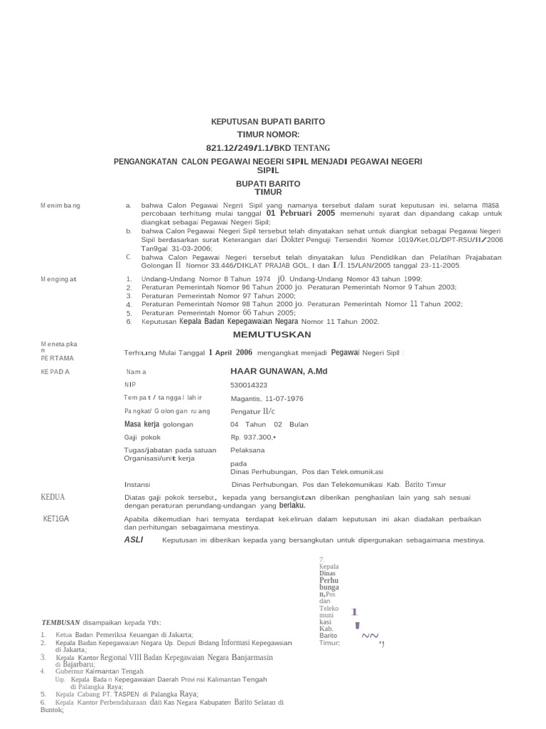 Pengangkatan PNS Barito Timur 2006 | PDF
