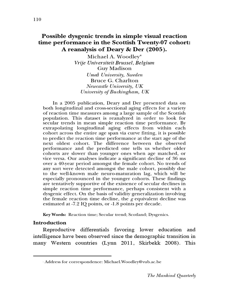 Possible Dysgenic Trends in Simple Visual Reaction Time Performance in ...