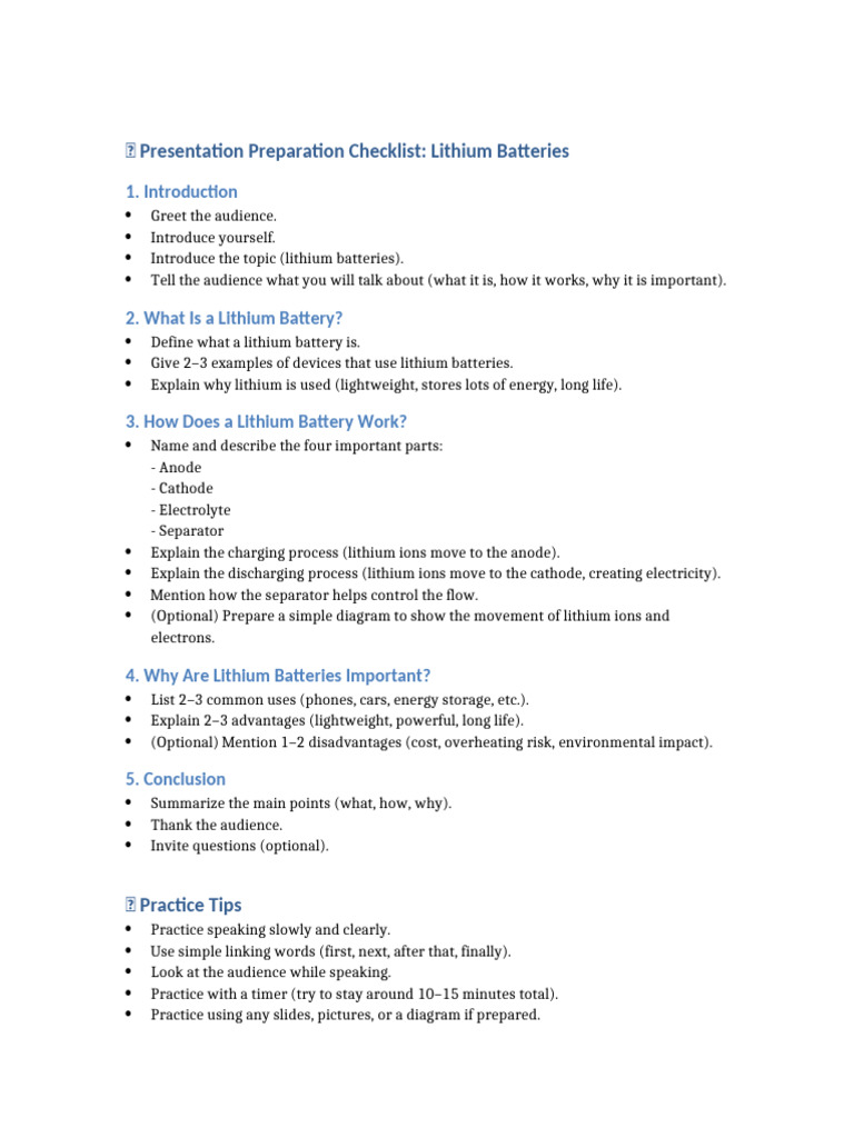 Lithium Battery Presentation Checklist | PDF
