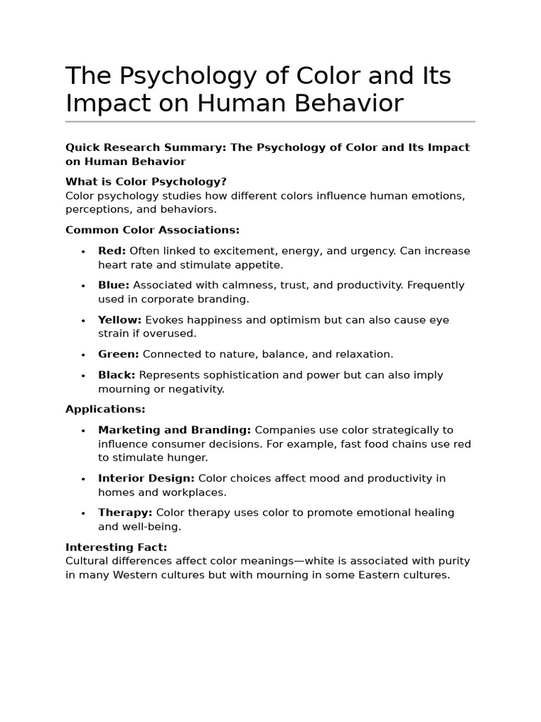 The Psychology of Color and Its Impact On Human Behavior | PDF
