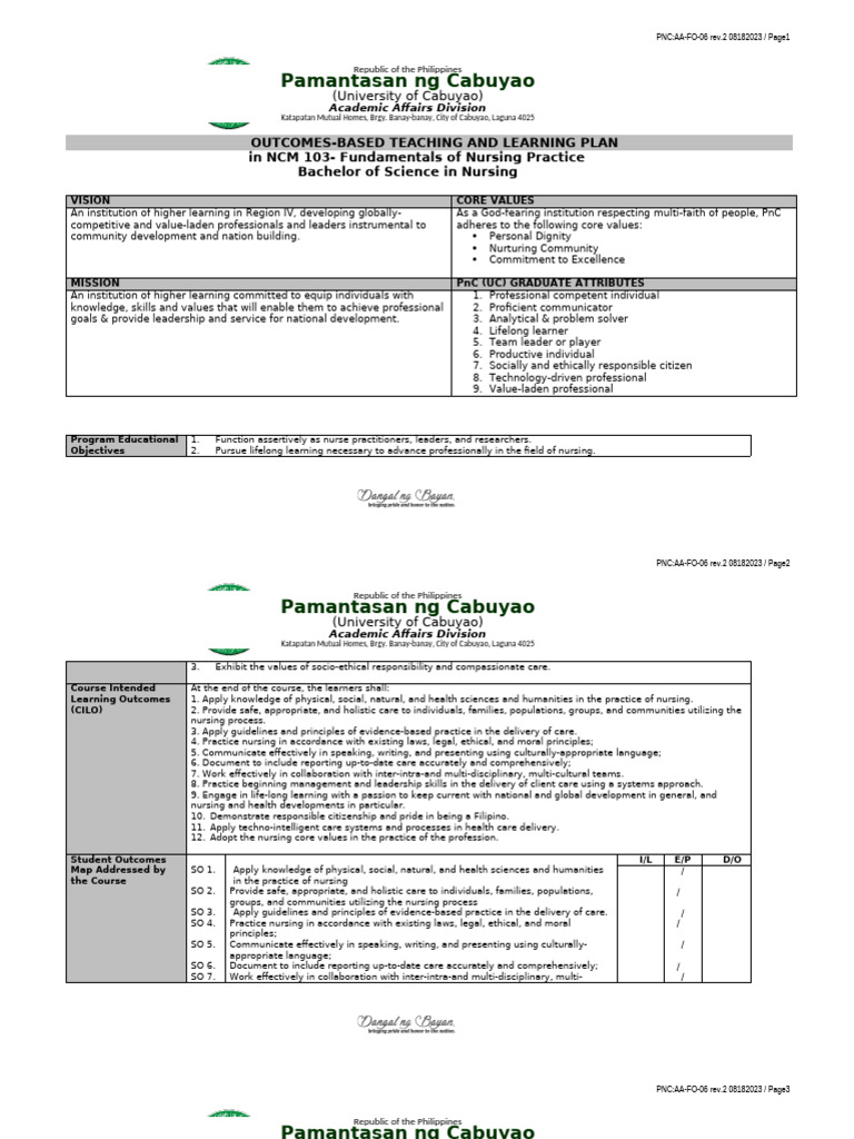 PNC AA FO 06 Rev. 2 OBTLP NCM103 2024 | PDF | Nursing | Leadership