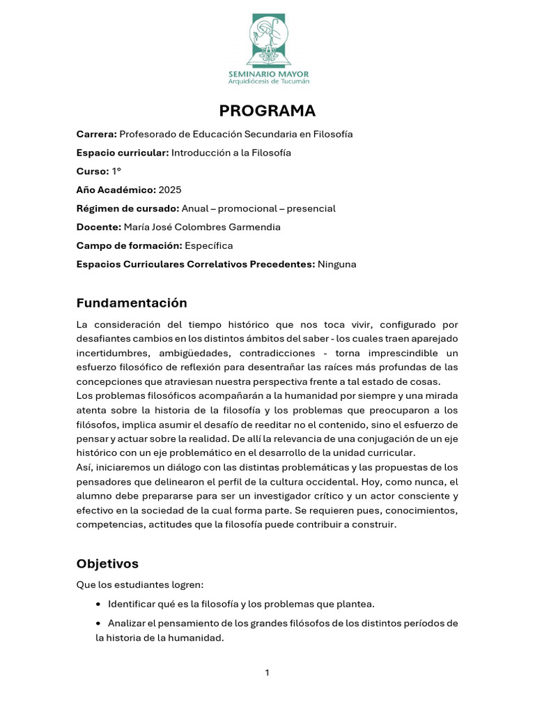 PROGRAMA Introducci-n a la filosof-a 2025 | PDF | Metafísica | Verdad
