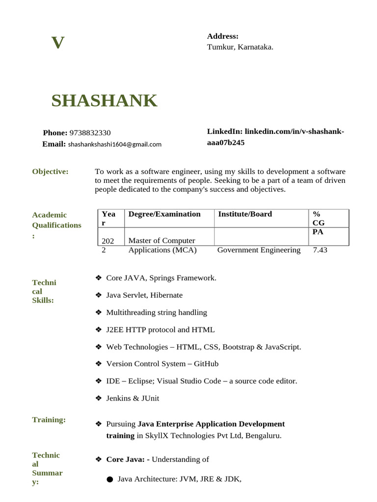 V Shashank Resume Format 2 | PDF | Java (Programming Language) | Spring Framework