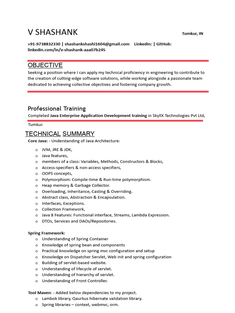 V Shashank Formatted Resume | PDF | Java (Programming Language) | Class (Computer Programming)
