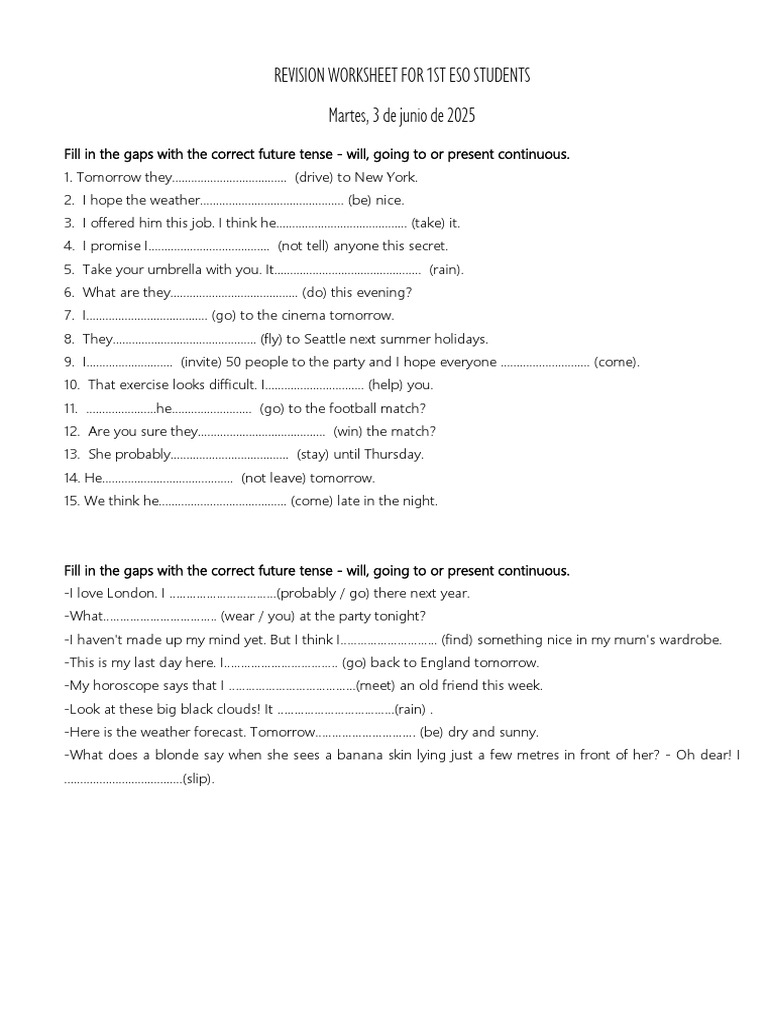 Future Tenses and WH Questions Worksheet | PDF