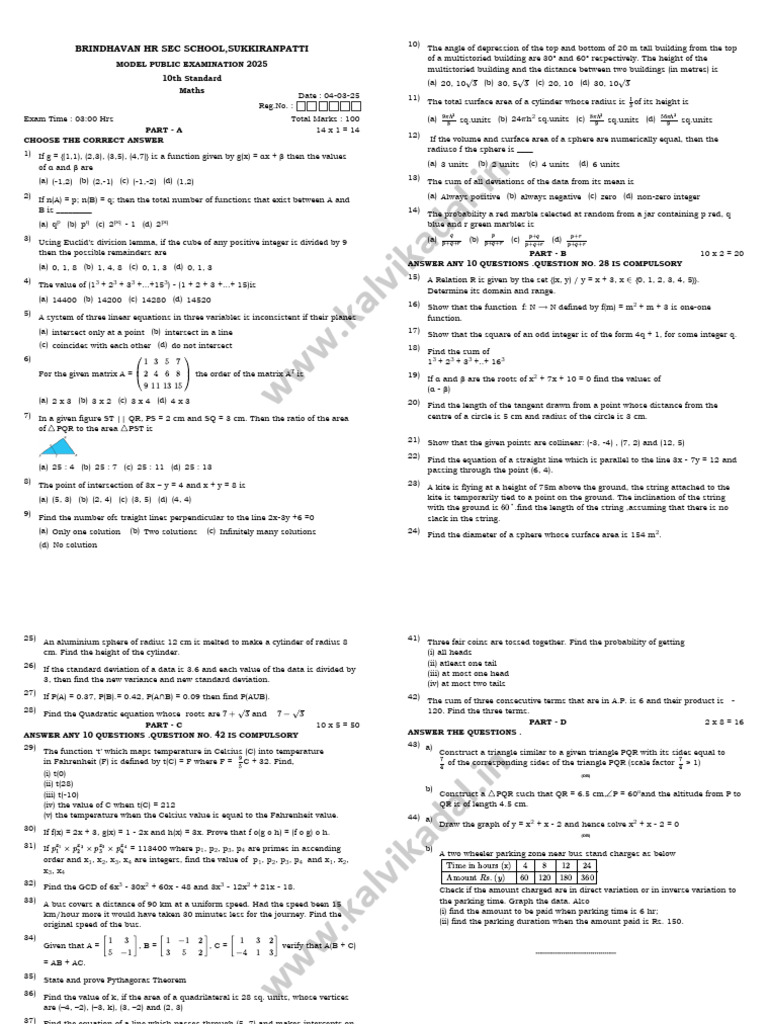 10th Maths Public Model QP EM 2025 | PDF | Speed | Sphere