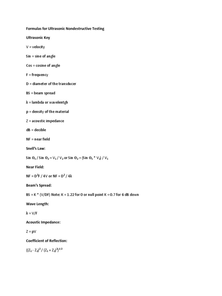 Formulas for Ultrasonic Nondestructive Testing | Sine | Decibel