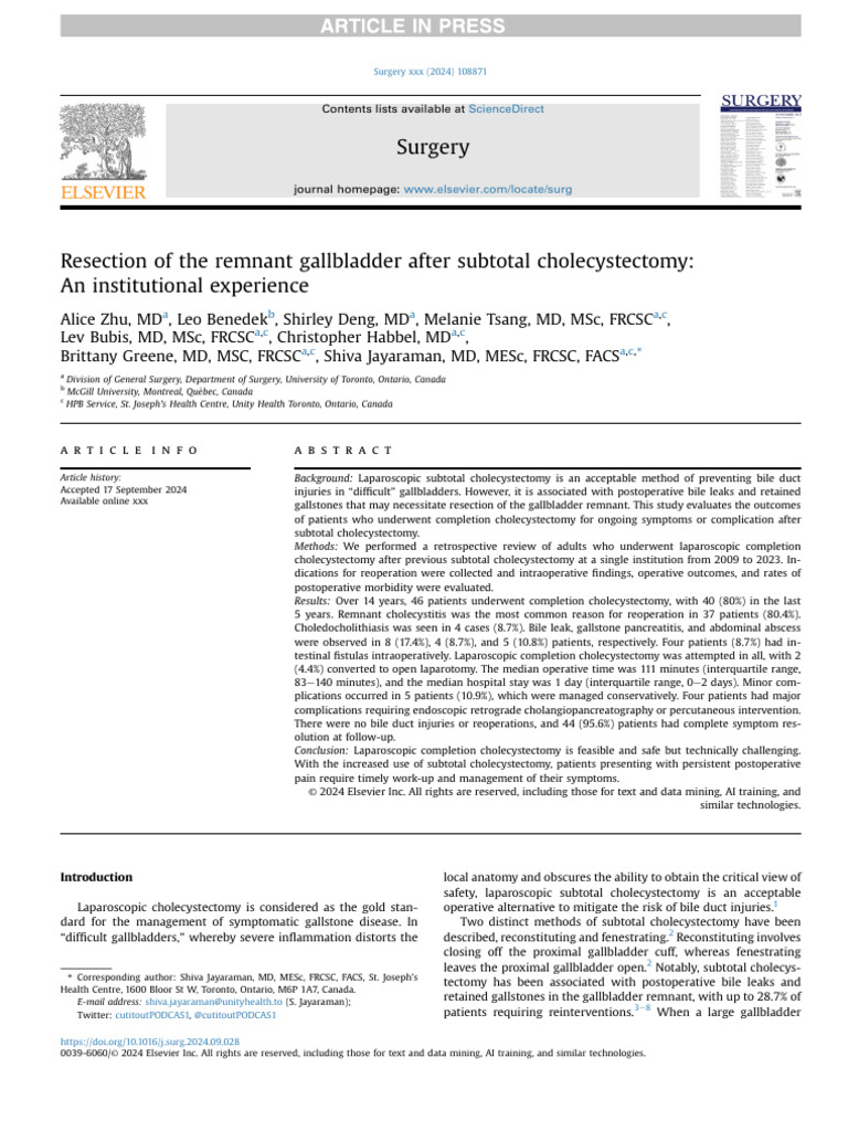 Alice Zhu Resection of The Remnant Gallbladder After | PDF ...