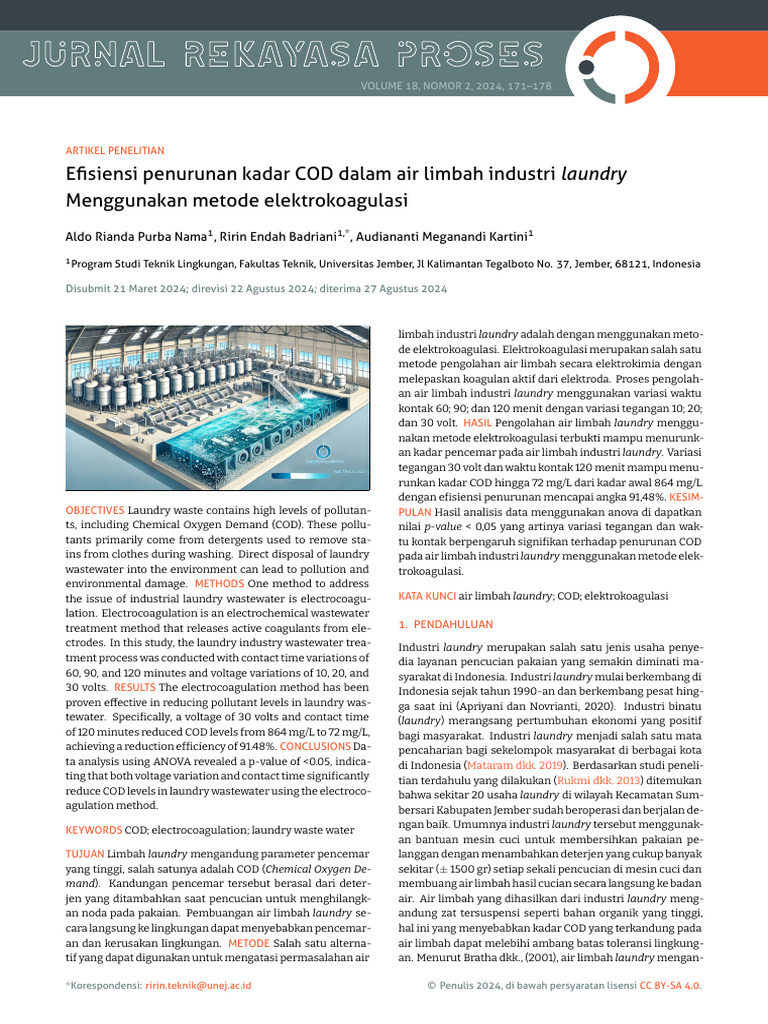 Efisiensi Penurunan Kadar COD Dalam Air Limbah Industri Menggunakan Metode Elektrokoagulasi | PDF