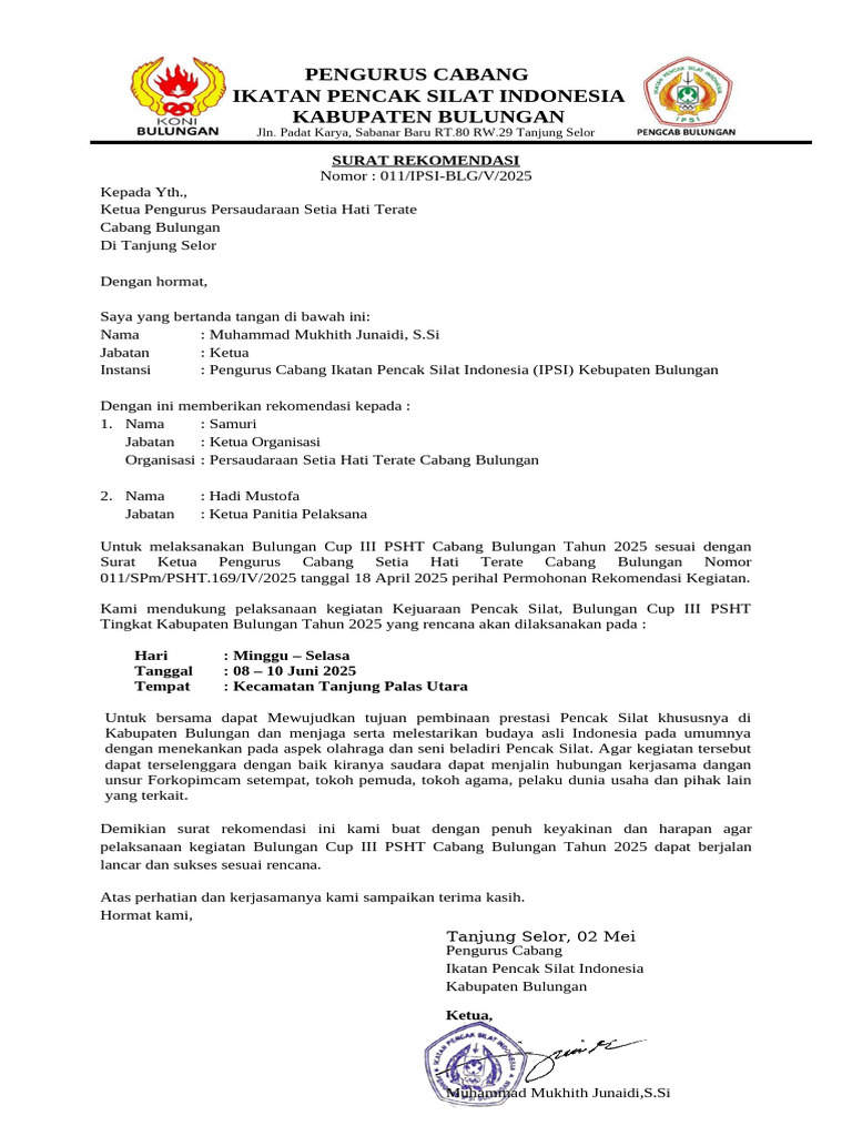 Surat Rekomendasi SH CUP III 2025 | PDF