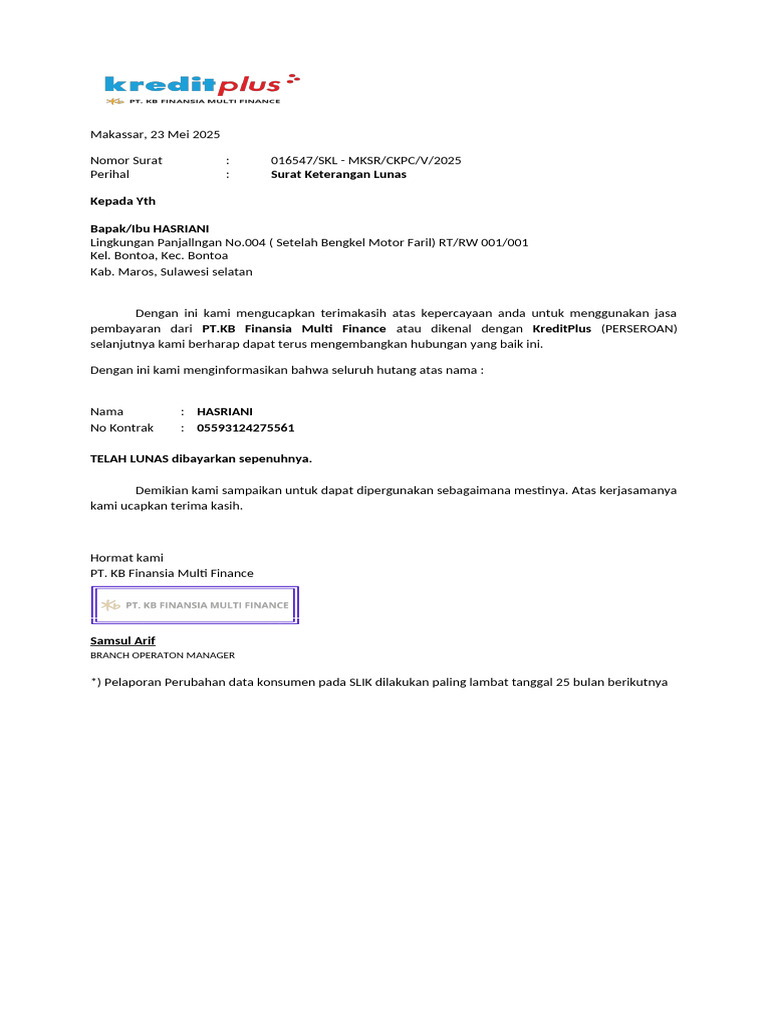 Surat Lunas Kredit Plus 1 | PDF