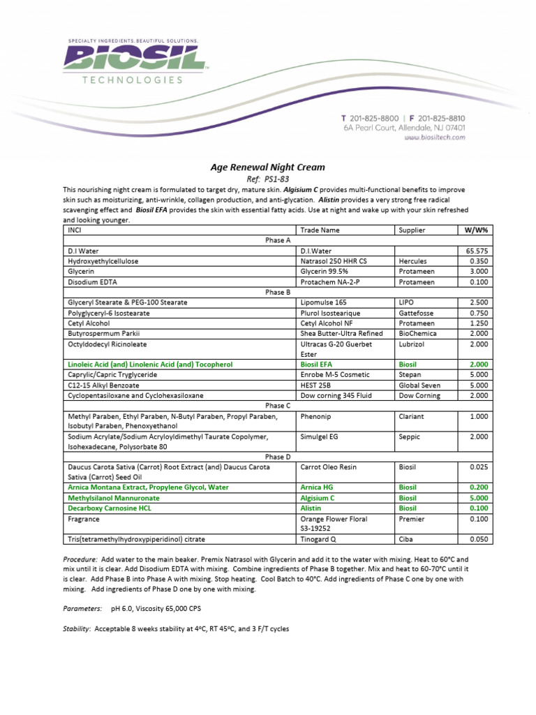 Biosil EFA in Age Renewal Night Cream | PDF | Chemical Substances