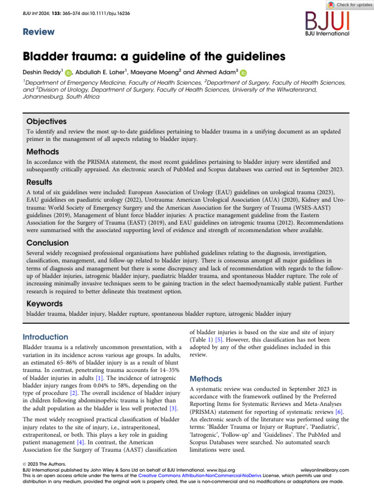 BJU International - 2023 - Reddy - Bladder Trauma A Guideline of The Guidelines | PDF ...