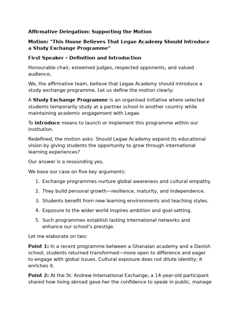 Study Exchange Programme Debate Speeches - Affirmative & Non ...